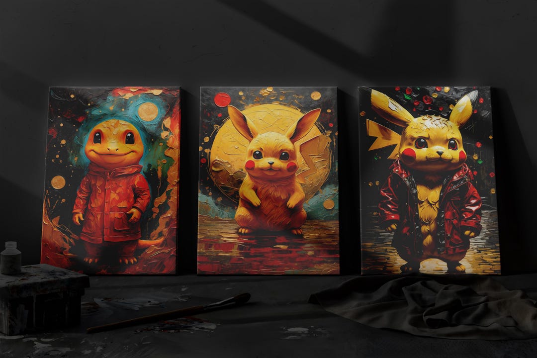 Pikachu and Charmander Starry Night Canvas Art Set of 3 | Pikachu ...
