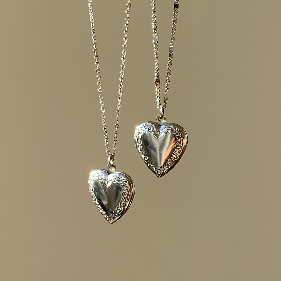 Silver Locket Necklace, Photo Necklace, Heart Locket, Stainless Steel ...