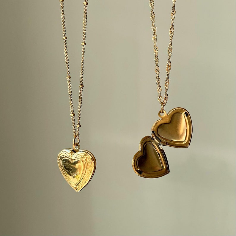 18k Gold Locket Necklace, Photo Necklace, Gold Heart Pendant, Stainless ...