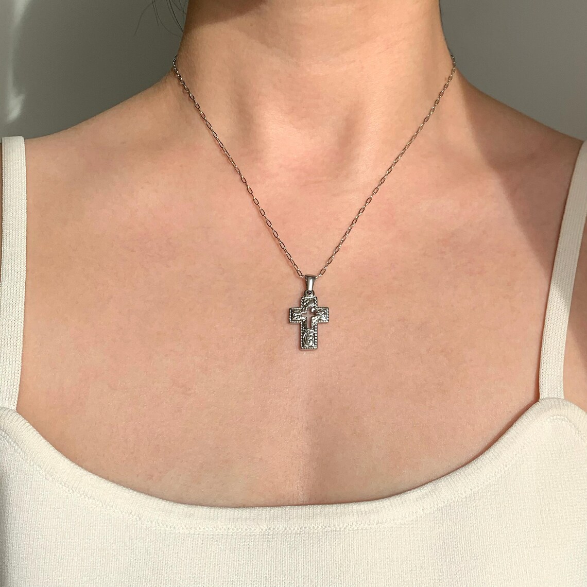 Silver Cross Pendant Necklace, Victorian Style Cross Necklace ...