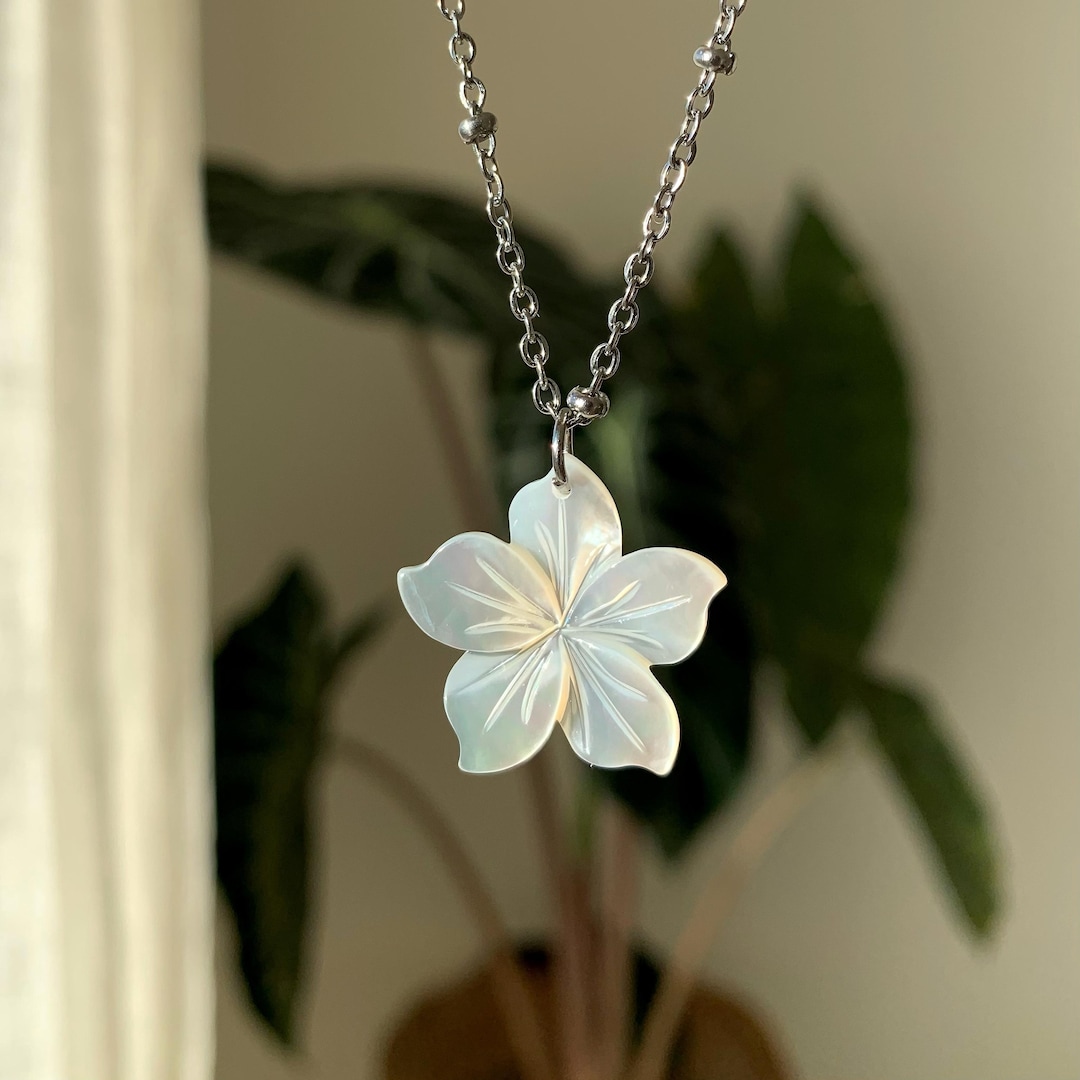 Shell Flower Necklace, Azalea Flower, Mother of Pearl Silver Layered ...