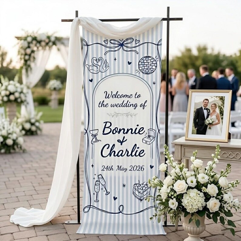 Personalized Wedding Welcome Banner Striped Pattern, Custom Bride Groom ...