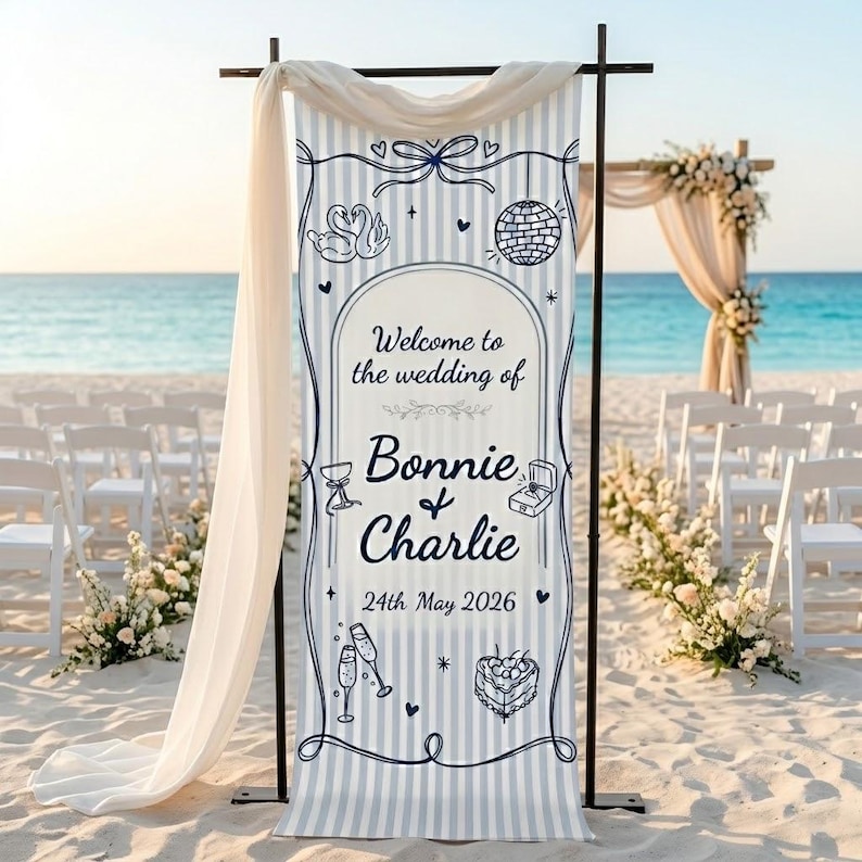Personalized Wedding Welcome Banner Striped Pattern, Custom Bride Groom ...
