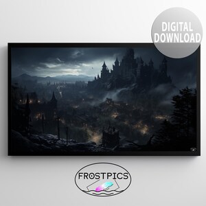 Spooky Village Medieval Fantasy Noir Halloween Night View - Landscape ...