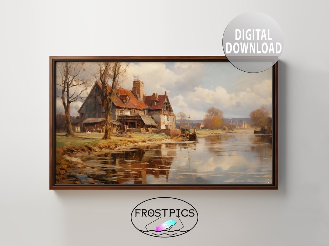 Victorian Industrial Rural River Canal Summer Scene Landscape Painting ...