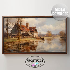 Victorian Industrial Rural River Canal Summer Scene Landscape Painting ...