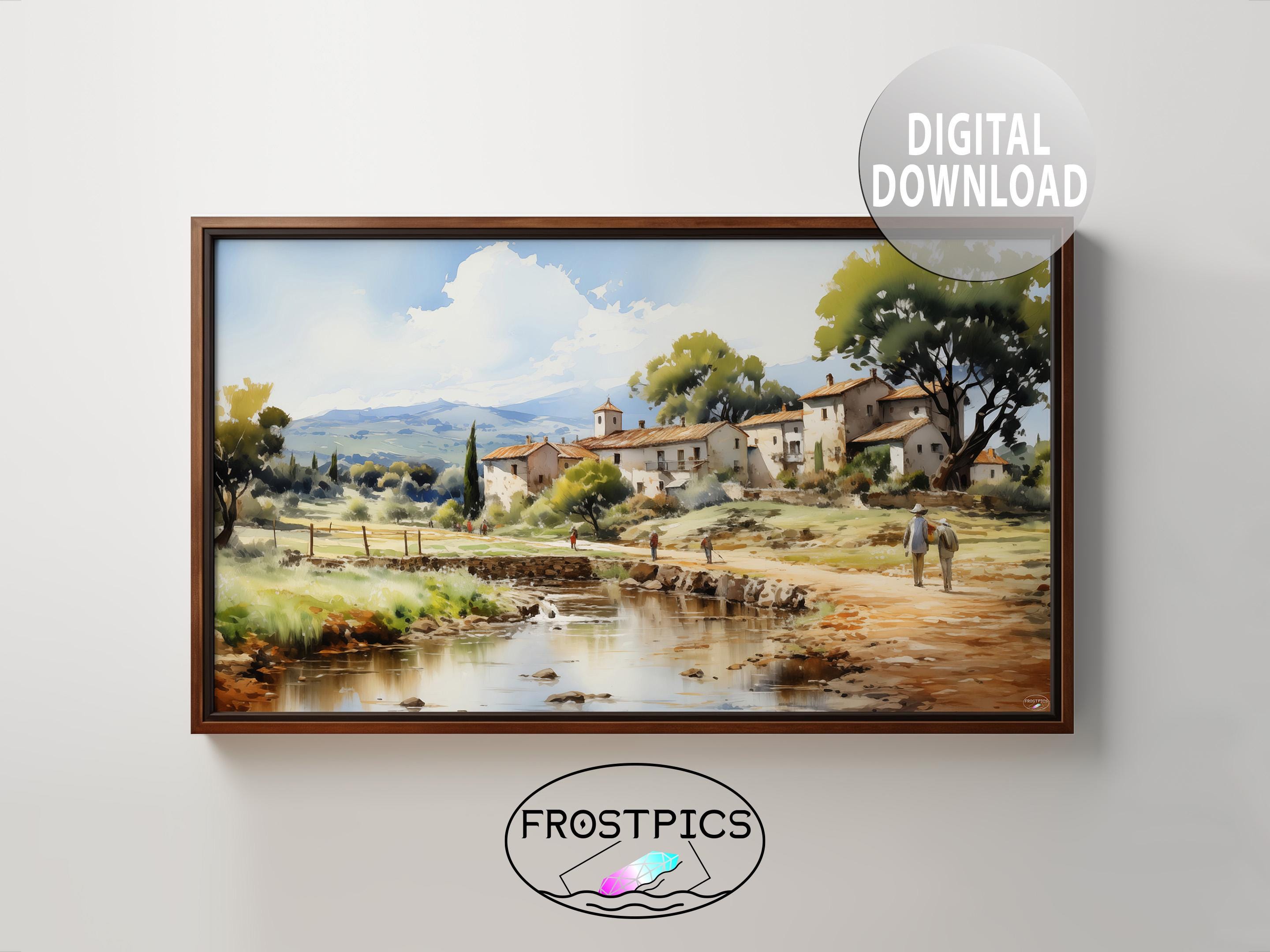 Rural Village Summer Life Scenic Creek Genre Scene - Landscape Painting ...