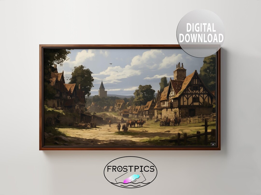 Rural Village Life Medieval Houses Summer Genre Scene - Landscape ...