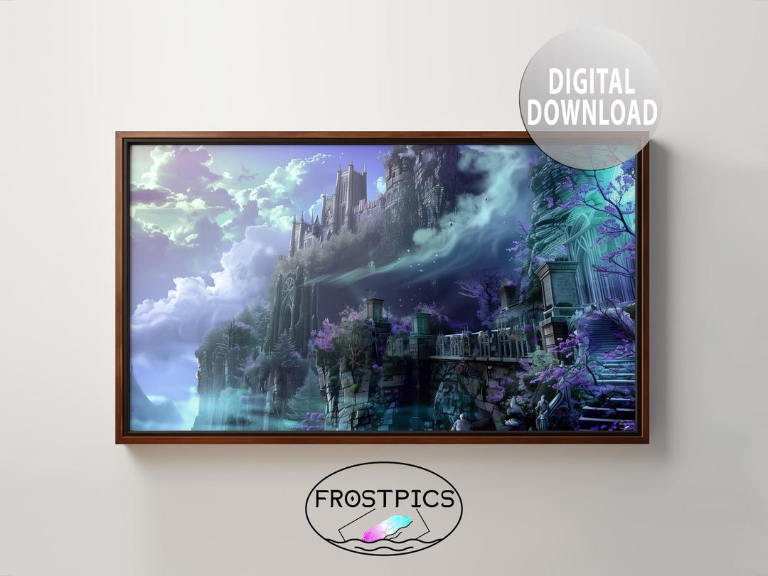 Castle Mountain Hill Neon Synthwave Elven Fantasy Magic - Landscape ...