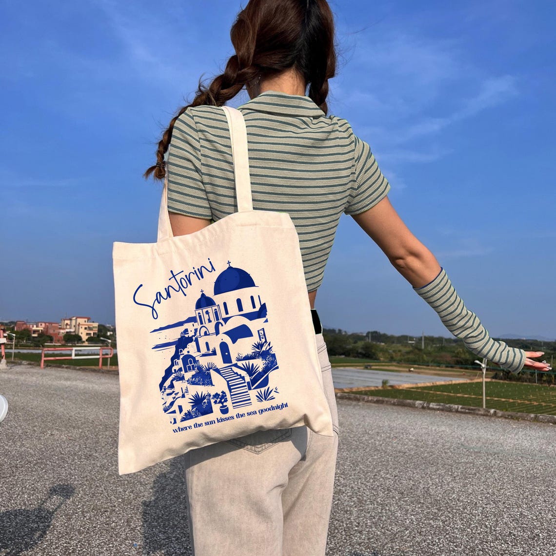 Santorini Tote Bag, Greece Tote Bag, Mediterranean Theme Shopping Bag ...
