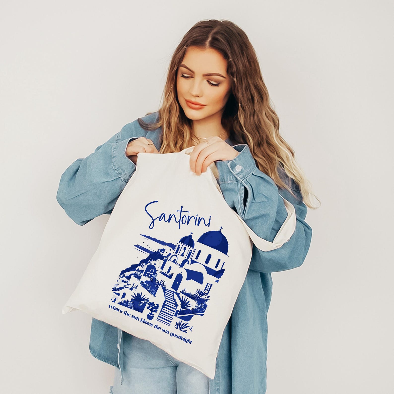 Santorini Tote Bag, Greece Tote Bag, Mediterranean Theme Shopping Bag ...