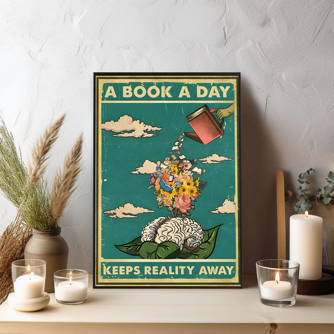 A Book A Day Keeps Reality Away Poster, Vintage Water Brain Wall Decor ...