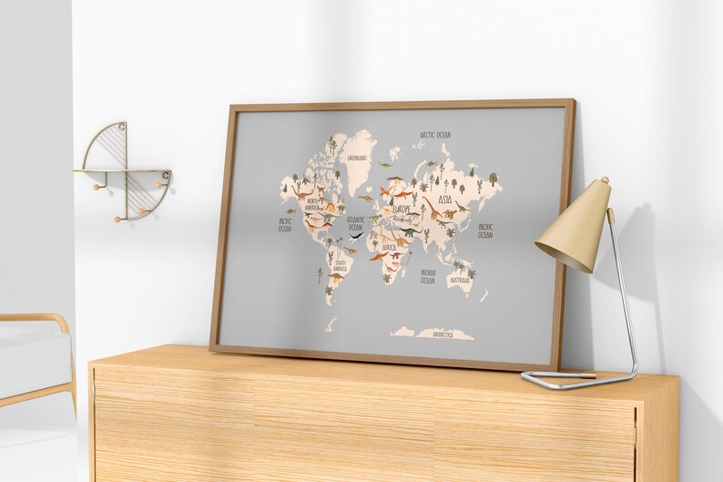 Dinosaur Themed Map, Kids World Map Wall Hanging, Homeschool Decor ...