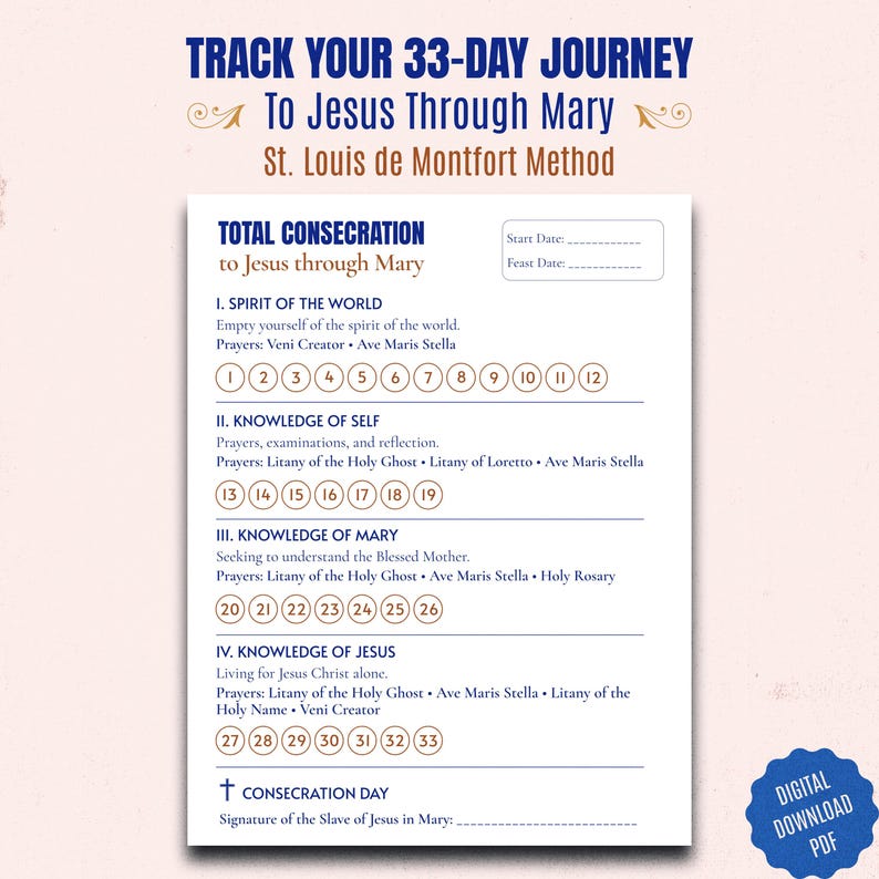 33 Day Total Consecration Tracker Printable: St. Louis De Montfort ...