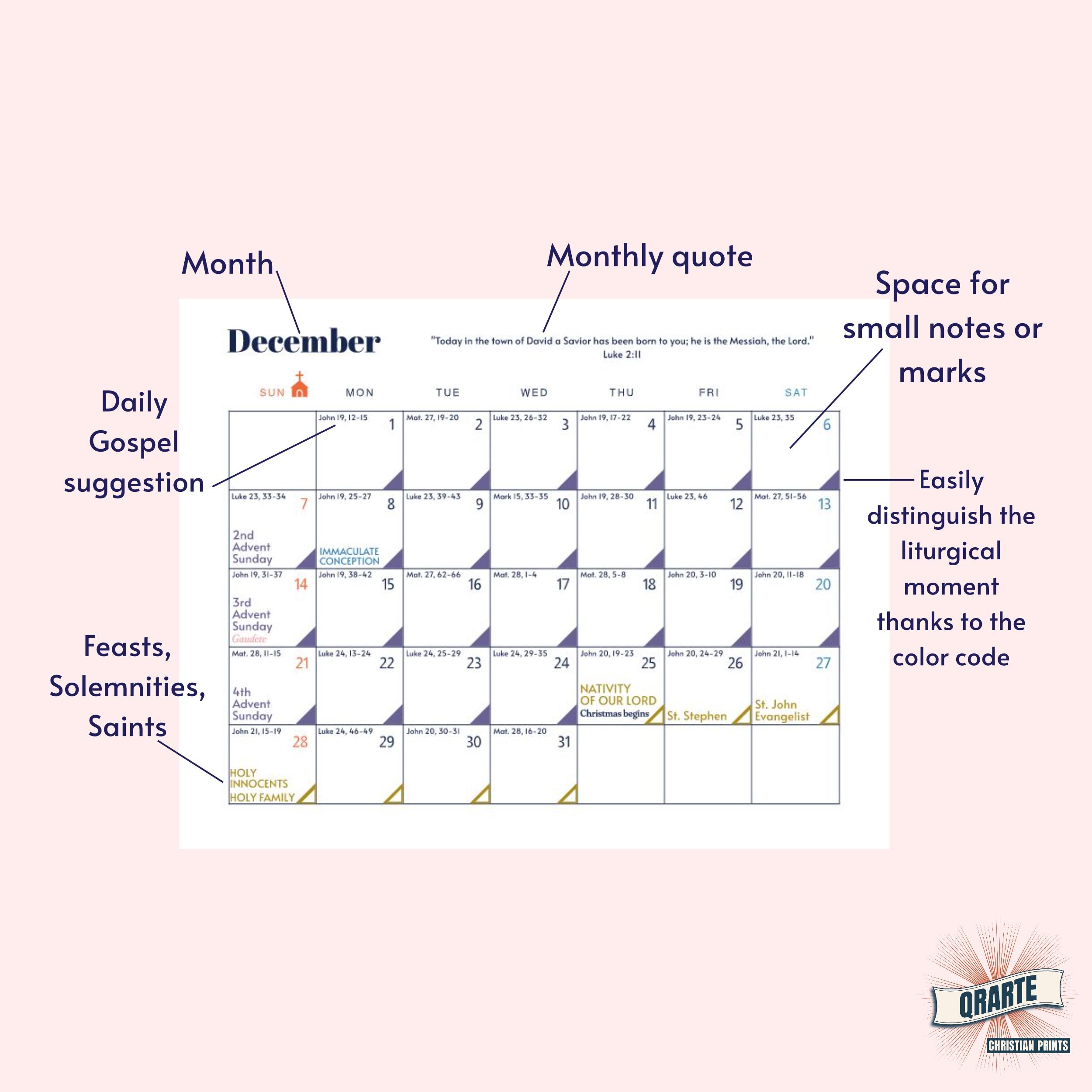 Printed Catholic Liturgical Wall Calendar 2025 Color Coded Hanging ...