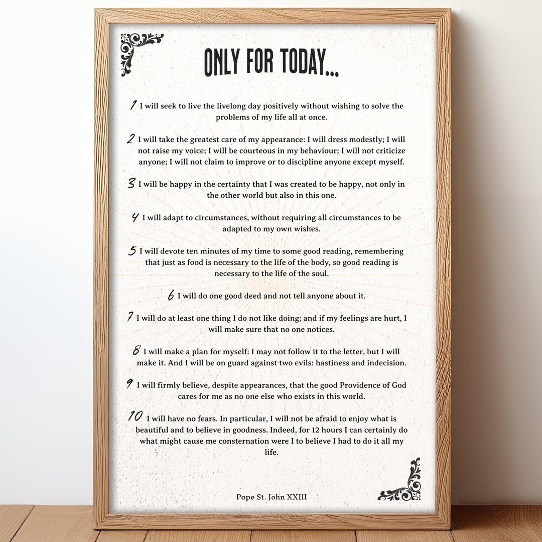 Only for Today Daily Decalogue of Serenity by John XXIII Print ...