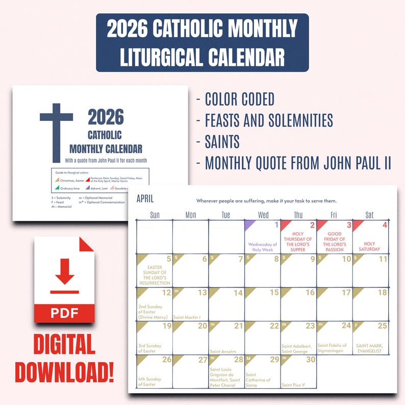 2026 Liturgical Calendar PDF: Catholic Color-coded Planner (digital ...