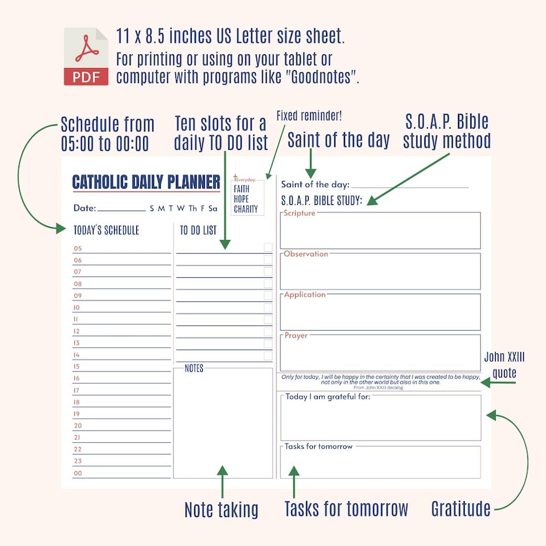 Printable Catholic Daily Planner One Sheet PDF - Refillable Planner to ...