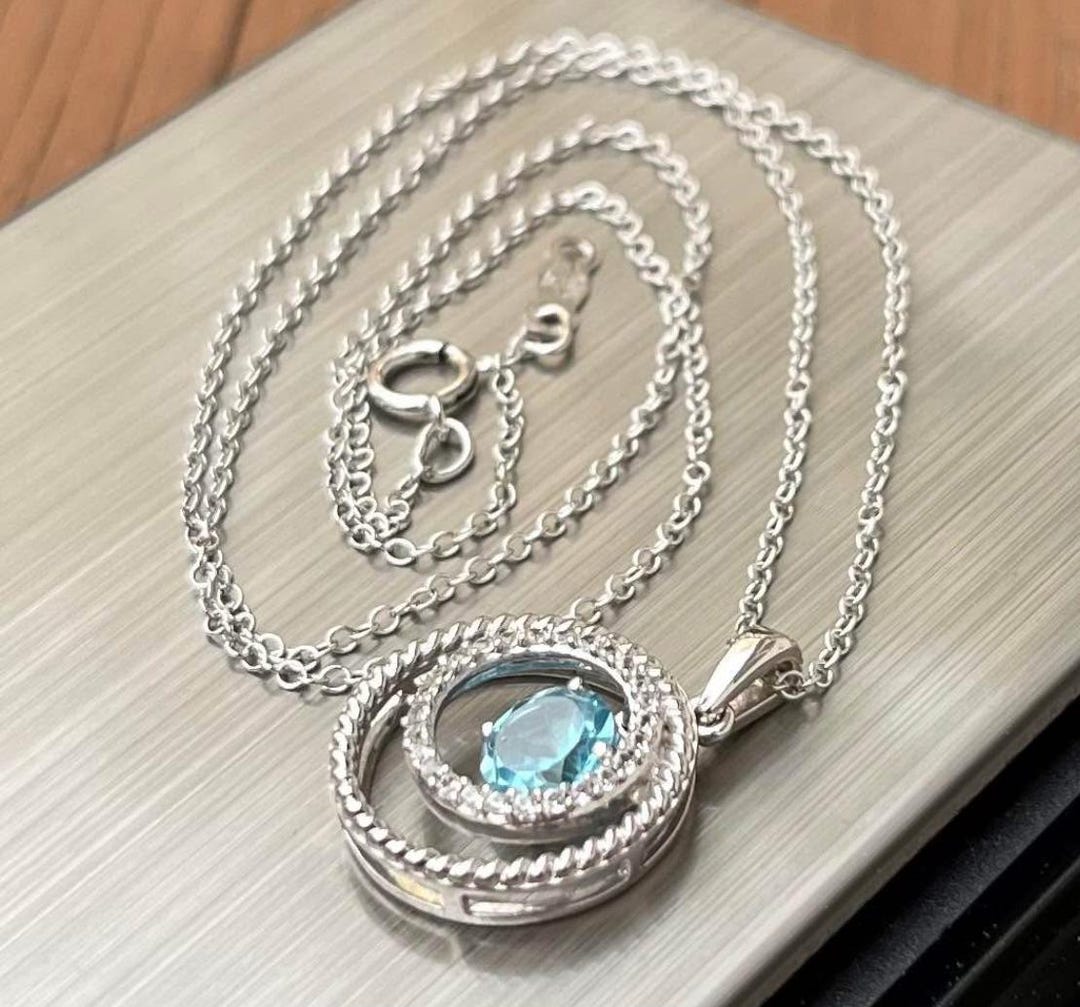 17.5“ 925 Stunning Floating Blue Topaz Pendant Necklace Sterling Silver ...