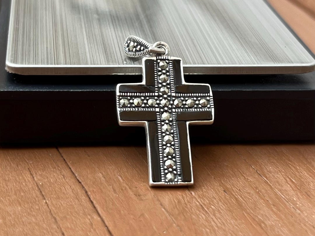 925 Thai Onyx Inlay Marcasite Religious Christian Cross Vintage ...