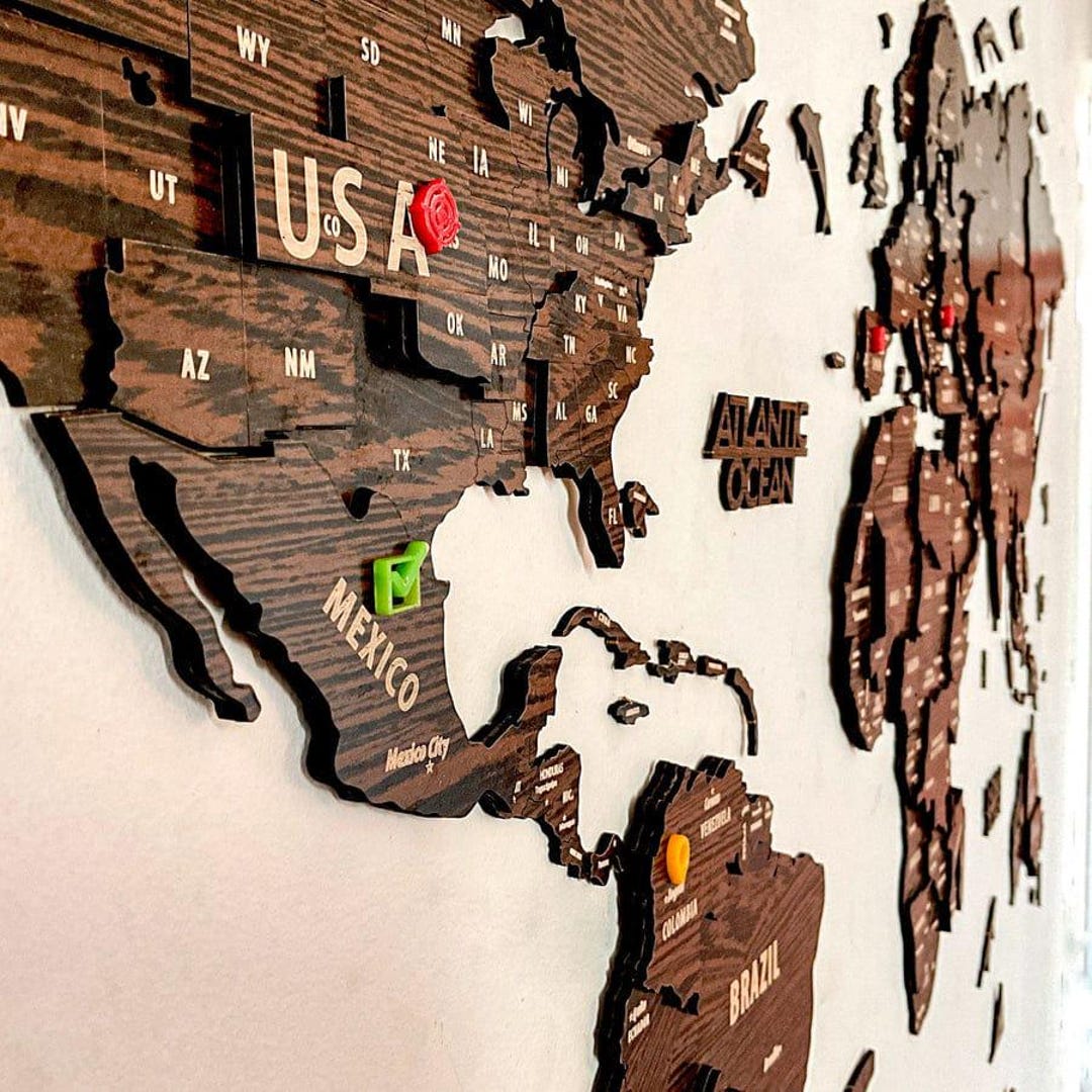 Wooden World Map/wall Maps Decor/wooden Office World Travel Wall Decor ...