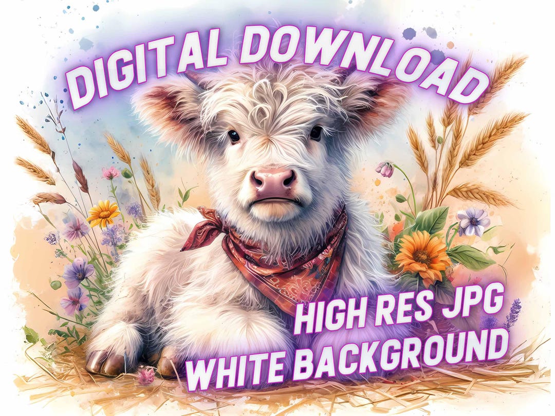 Messy Hair Highland Cow Digital Water Color Art, Instant Download, High ...