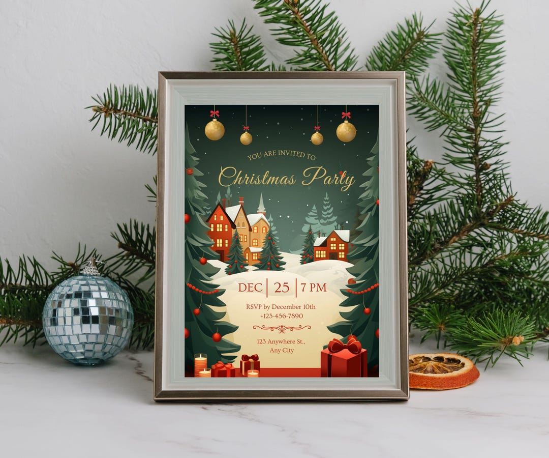 Festive Christmas Party Invitation: Winter Village Design (digital ...