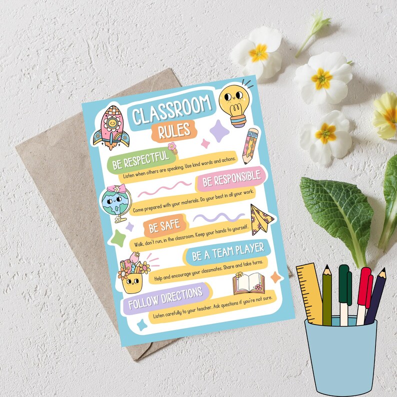 Colorful Classroom Rules Poster for Kids, Cute Motivational Wall Art ...
