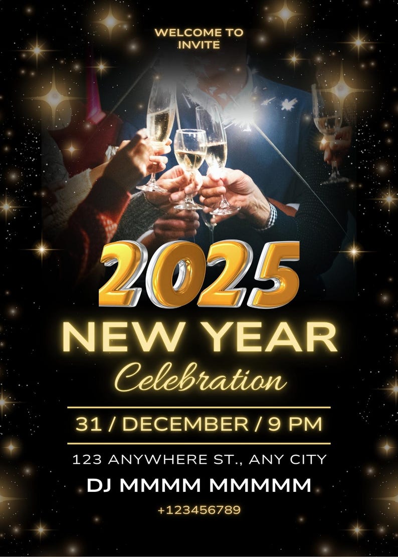 2025 New Year Party Invitation Glamorous Black and ...