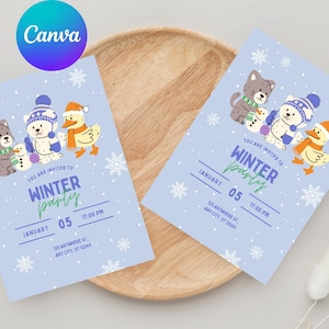 Winter Party Invitation Cute Kids Snow Theme With Animals ...