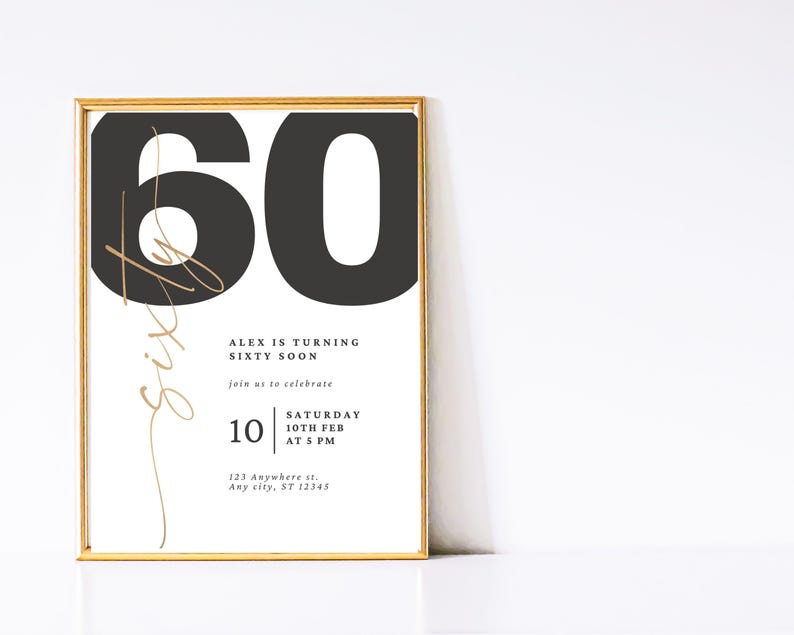 Elegant 60th Birthday Invitation With Gold Calligraphy Sixty Birthday ...