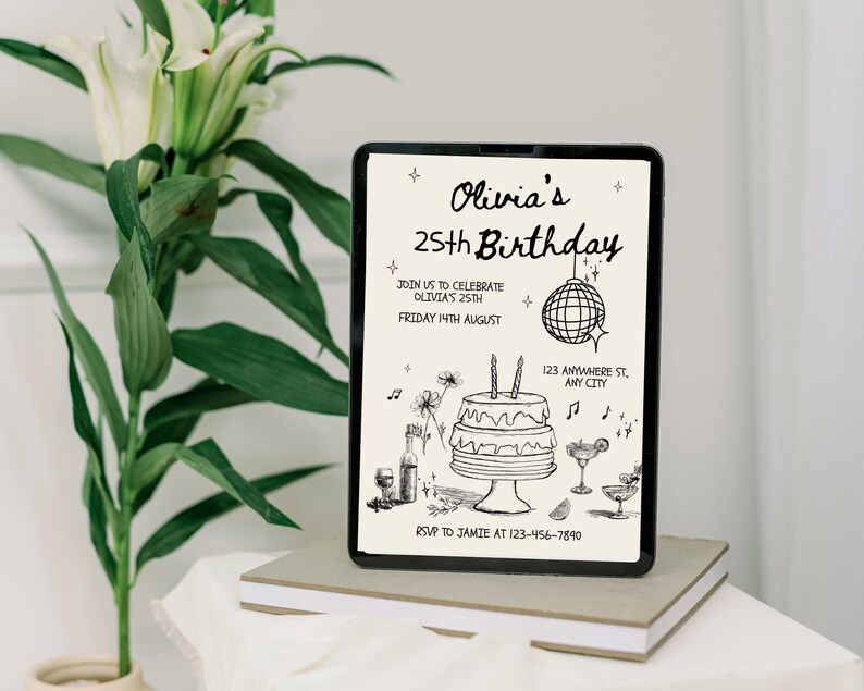 Illustrative 25th Birthday Invitation: Black and Cream (digital ...