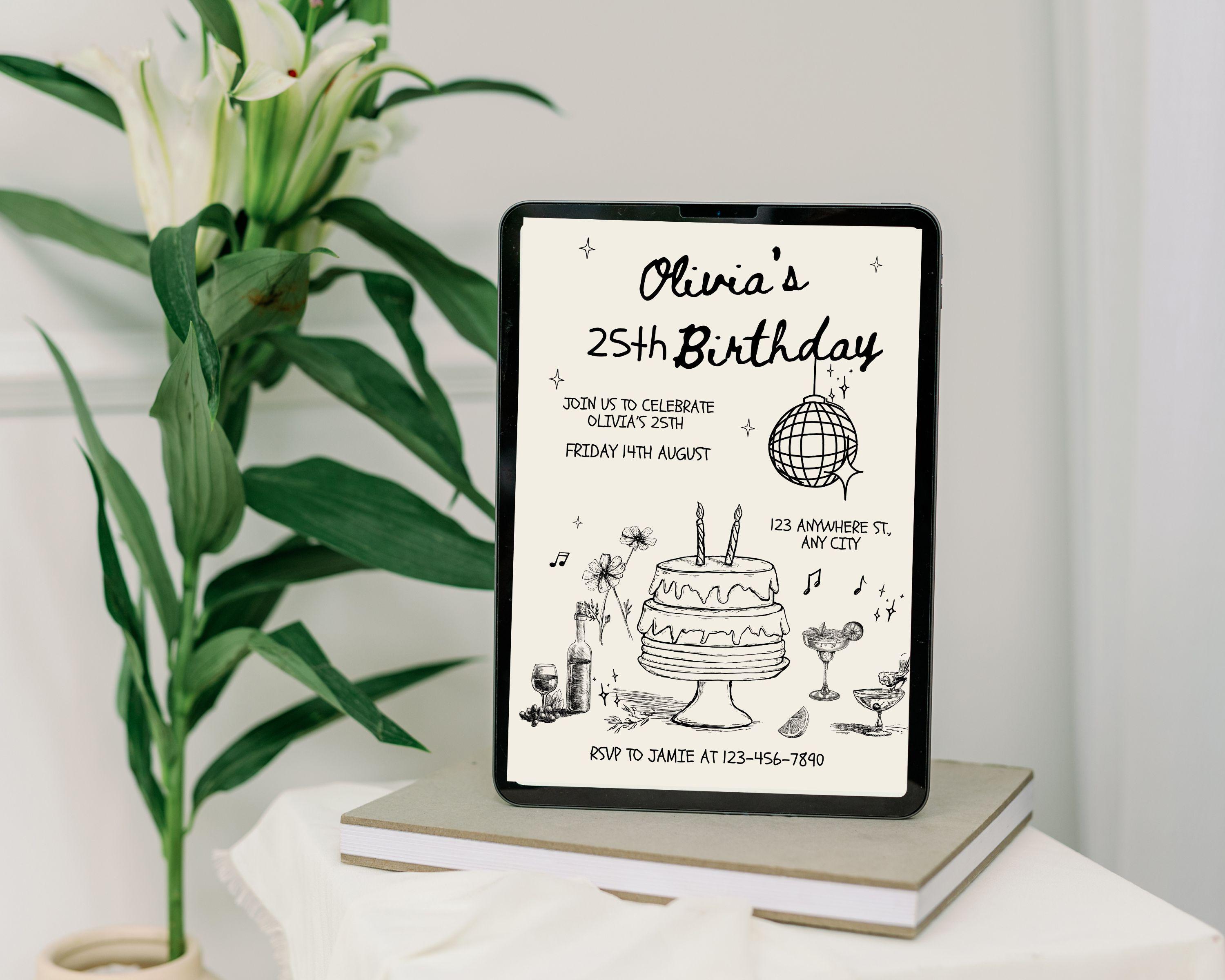 Black and Cream Illustrative 25th Birthday Invitation, 25th Birthday ...