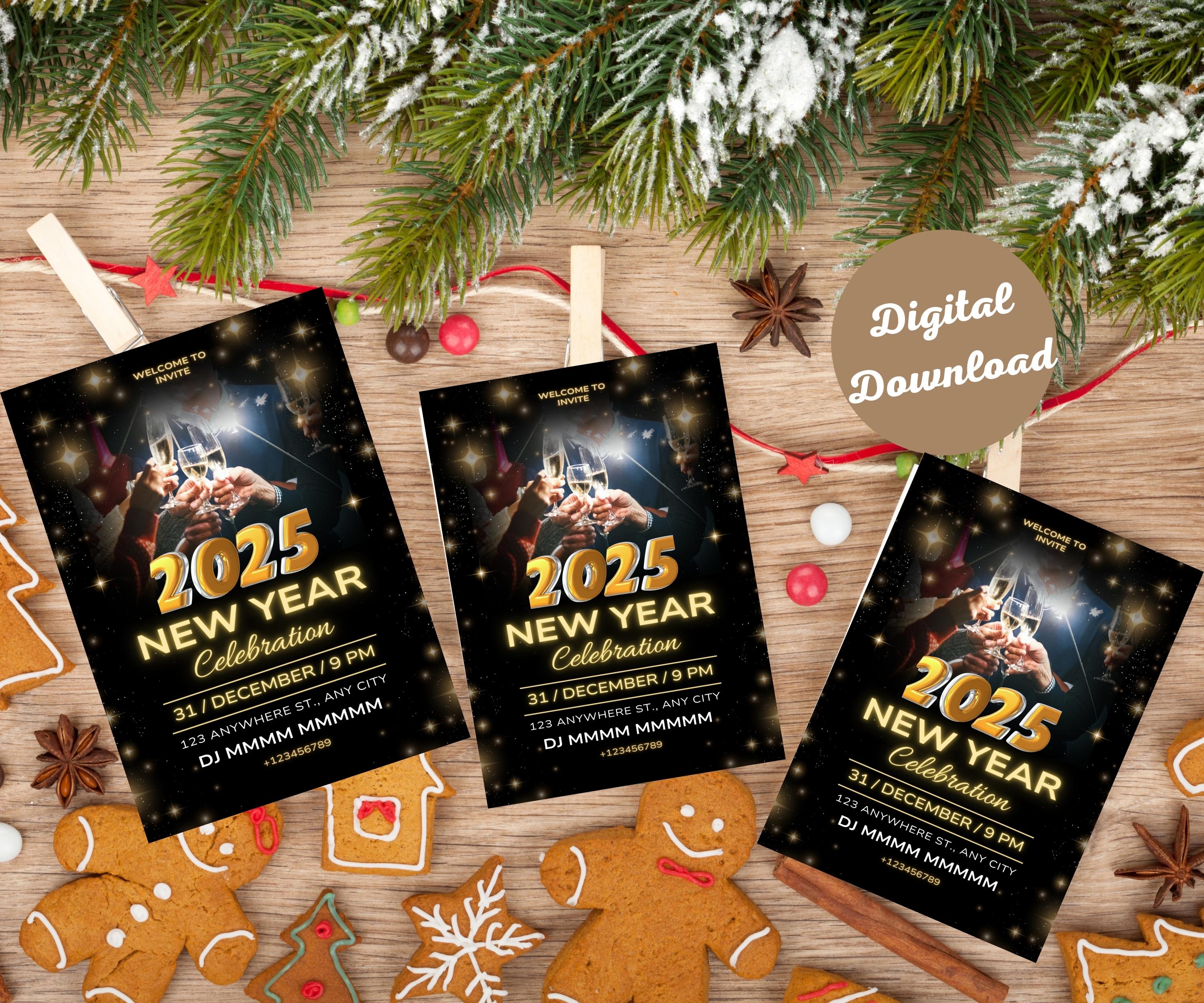 2025 New Year Party Invitation Glamorous Black and ...