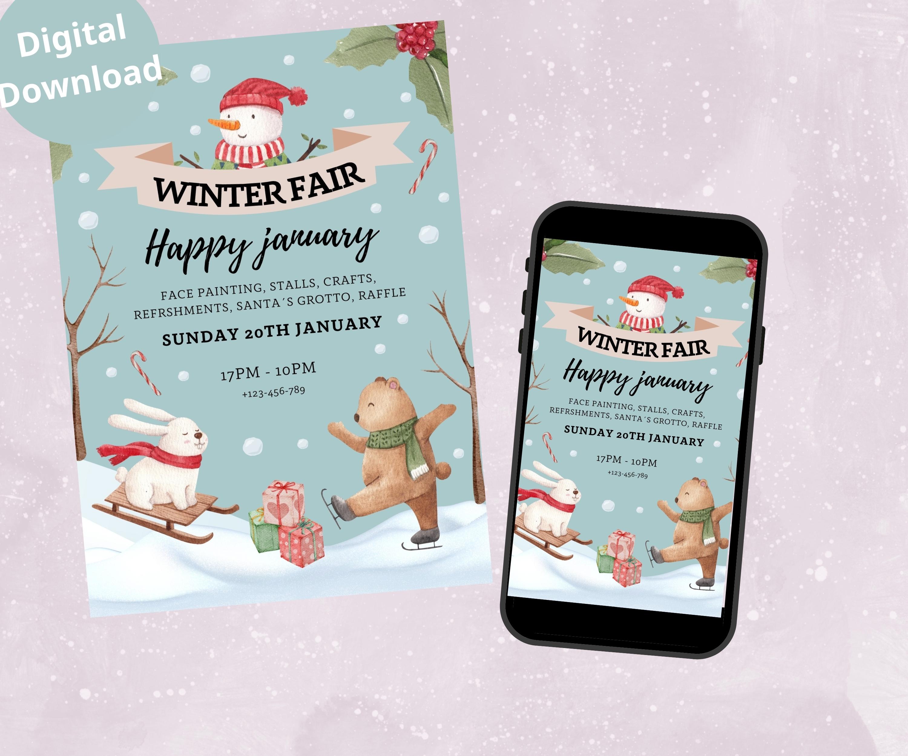 Winter Fair Invitation Flyer: Watercolor Animals, Editable Canva ...