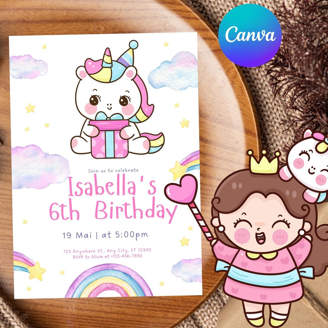 Pastel Unicorn Birthday Invitation: Editable Canva Template (digital ...