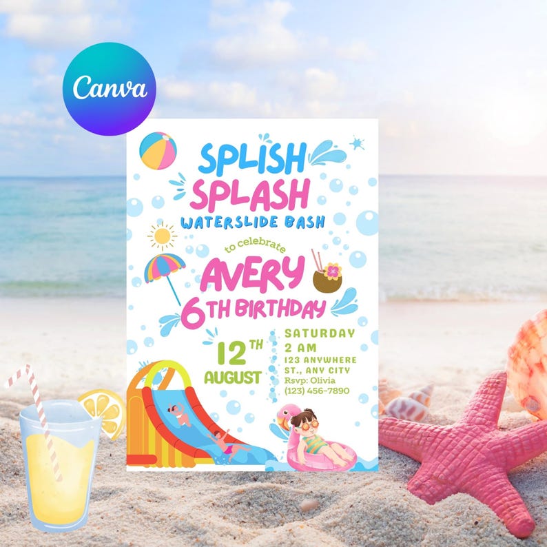 Colorful Waterslide Birthday Invitation for Kids, Pool Party Splish Splash Bash Invite for Girl ...