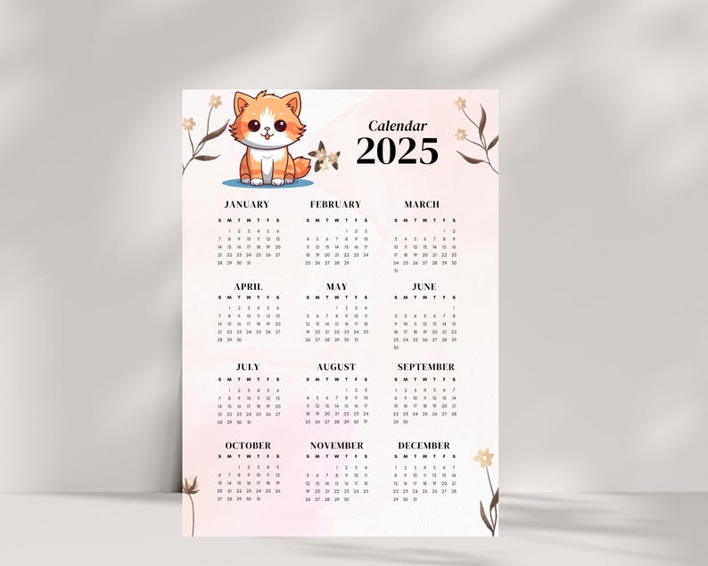 2025 Cute Cat Wall Calendar, Floral Aesthetic (digital Download) - Etsy