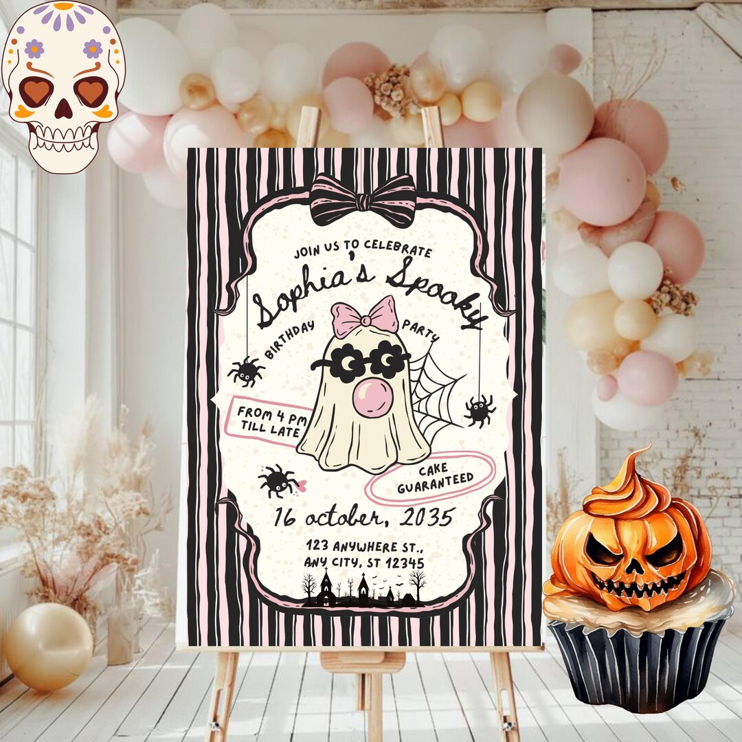 Spooky Ghost Birthday Invitation, Girls Halloween Party, Pink Bow ...