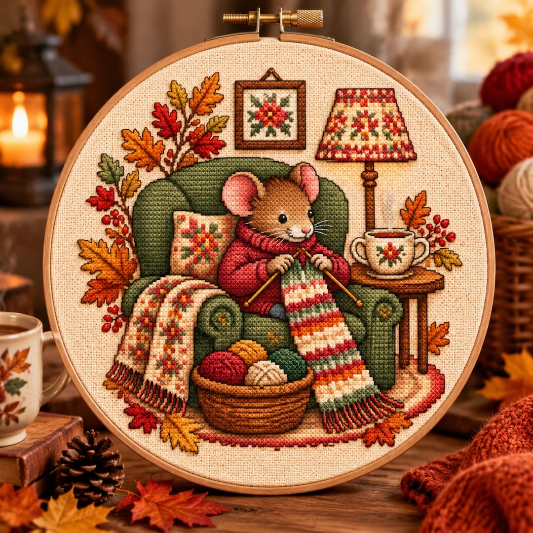 Cozy Mouse Cross Stitch Pattern PDF, Autumn Fall Knitting Mouse ...