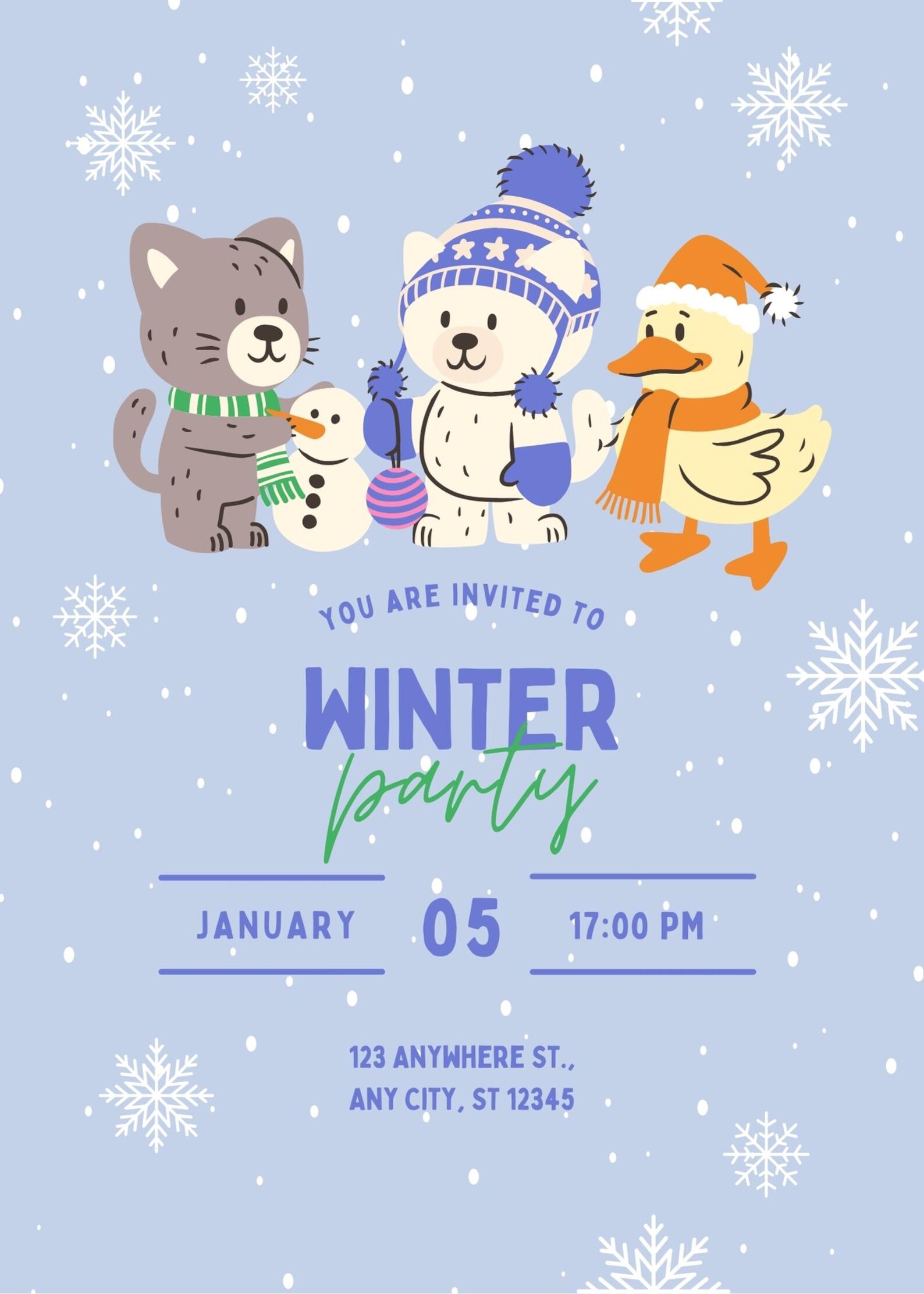 Winter Party Invitation Cute Kids Snow Theme With Animals ...
