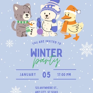 Winter Party Invitation Cute Kids Snow Theme With Animals ...