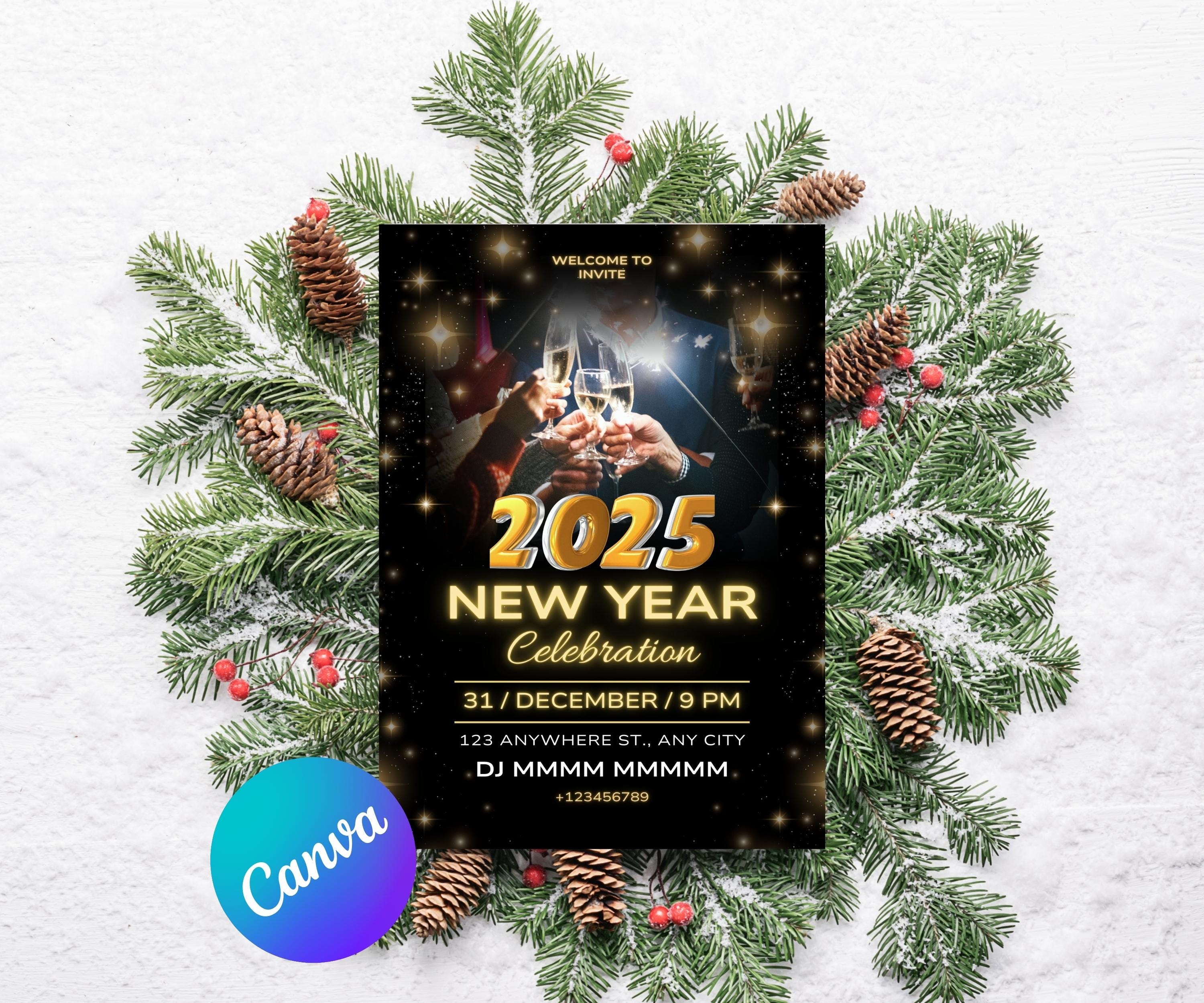 2025 New Year Party Invitation Glamorous Black and ...