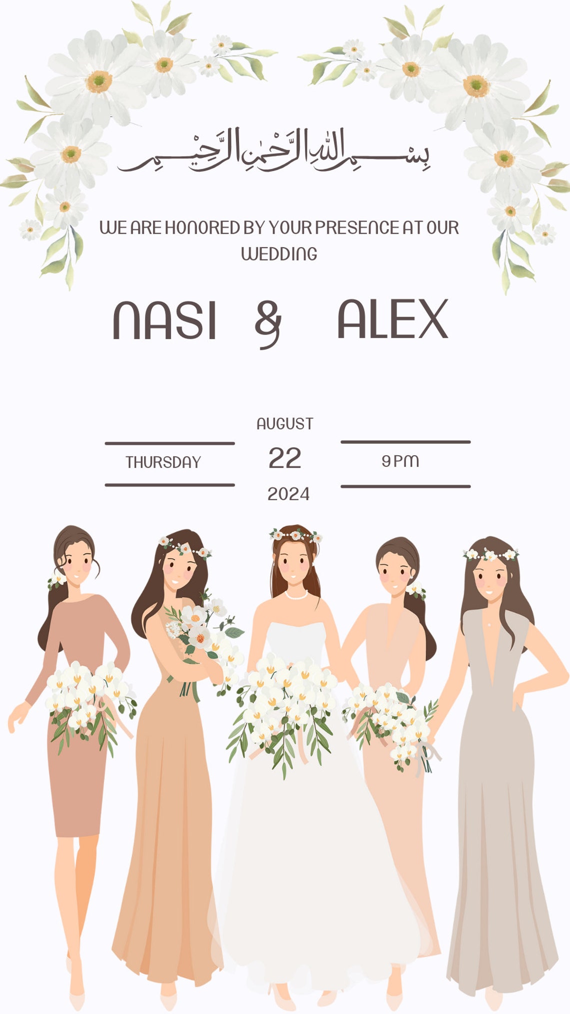 Elegant Floral Wedding Invitation With Bridesmaids Illustration Wedding ...