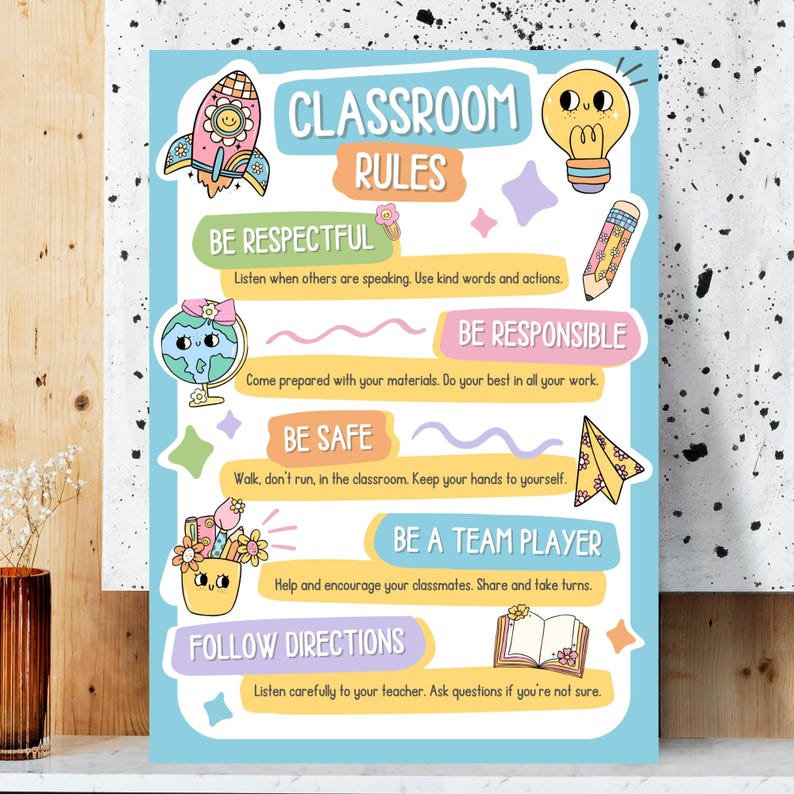 Colorful Classroom Rules Poster for Kids, Cute Motivational Wall Art ...