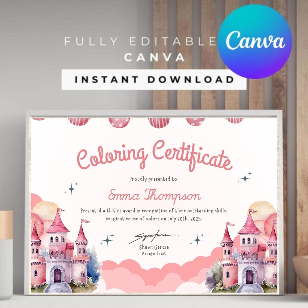 Personalized Kids Coloring Award: Fairy Castle Art Certificate (digital ...