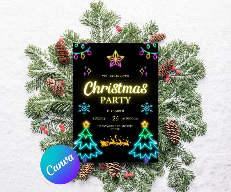 Neon Glow Christmas Party Invitation | Festive Holiday Event Flyer ...