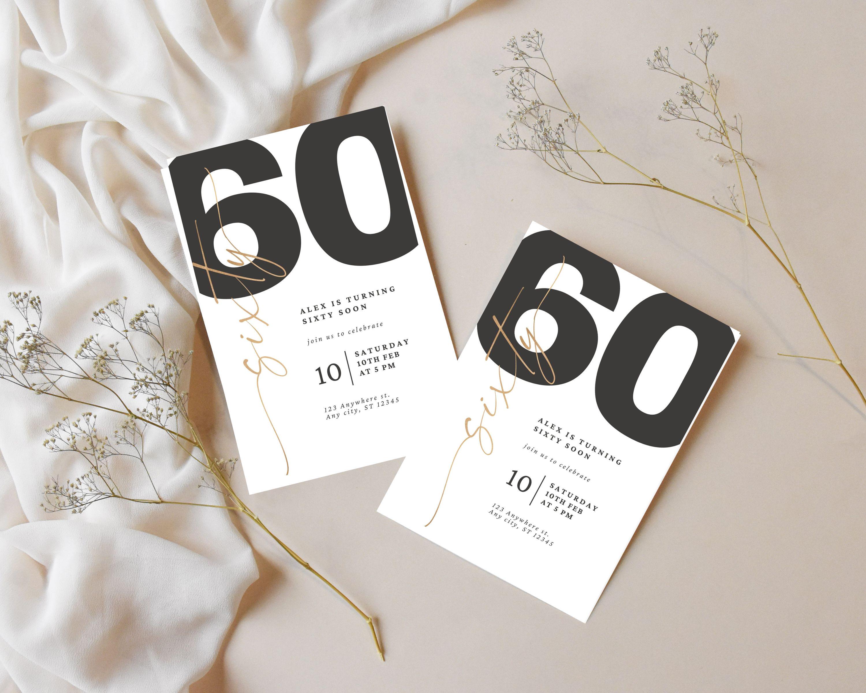 Elegant 60th Birthday Invitation With Gold Calligraphy Sixty Birthday ...