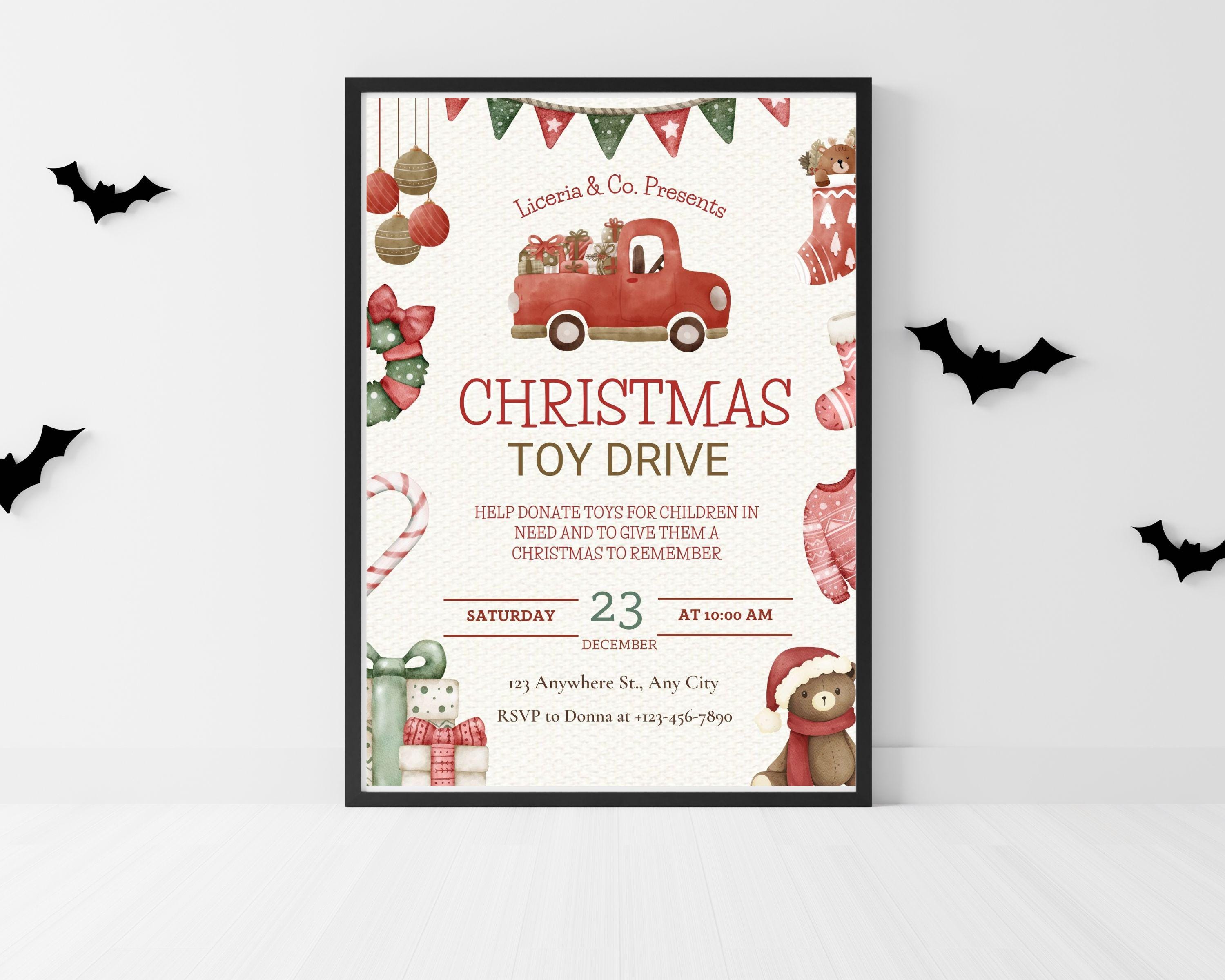 Vintage Christmas Toy Drive Invitation: Red Truck Charity Event ...