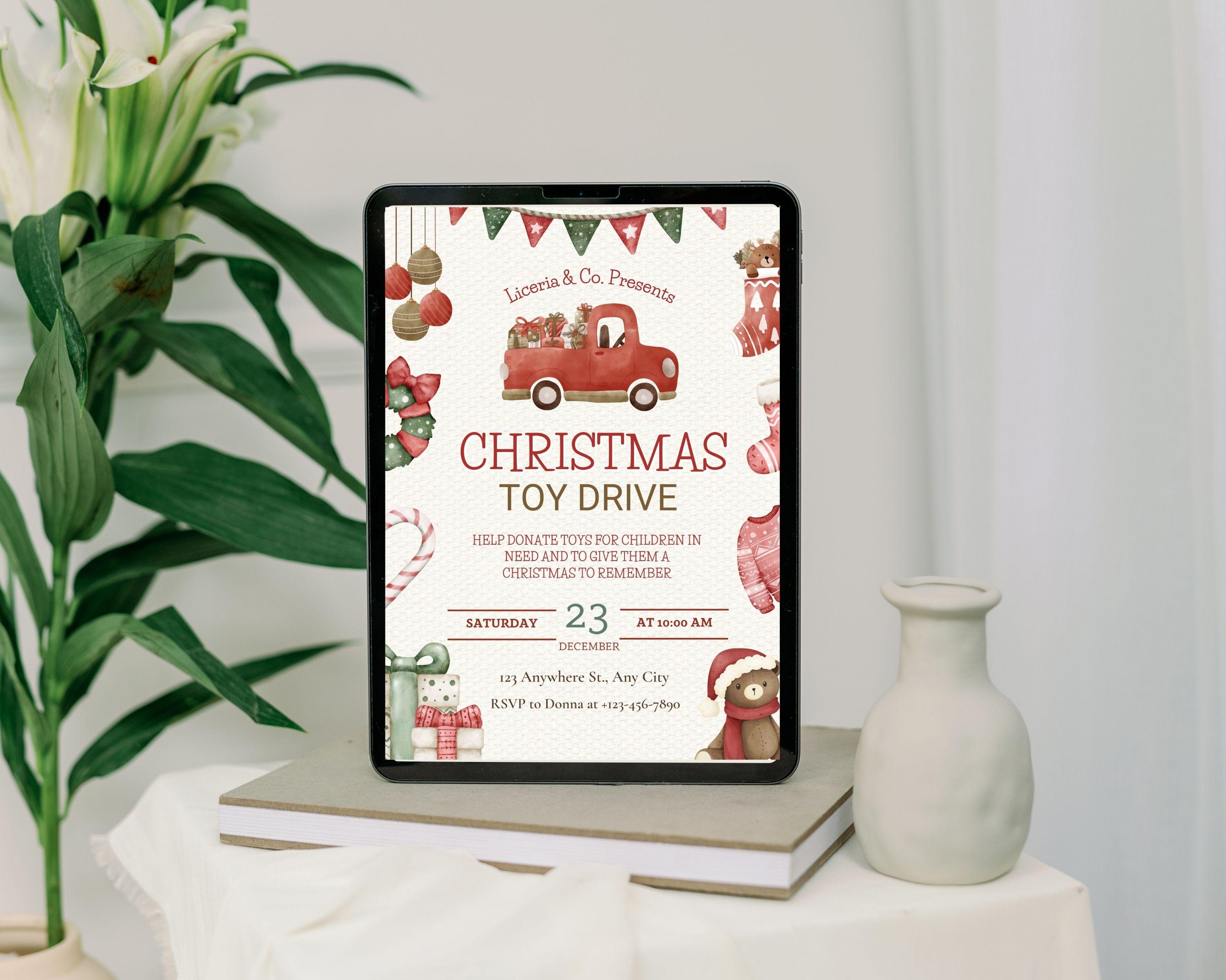 Vintage Christmas Toy Drive Invitation: Red Truck Charity Event ...